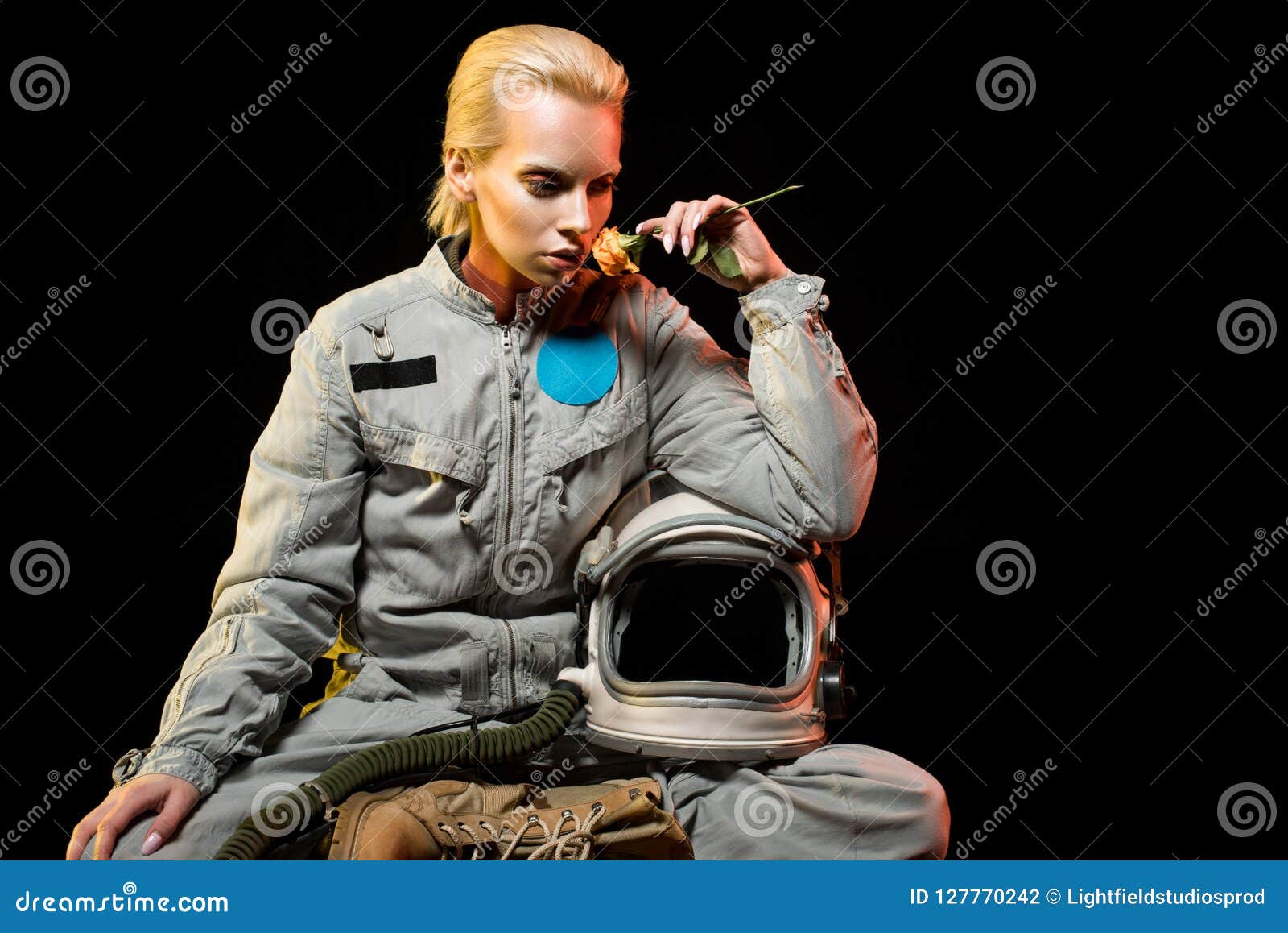 Beautiful Astronaut in Spacesuit with Helmet and Rose Flower Stock ... Beautiful Astronaut in Spacesuit with Helmet and Rose Flower Stock ...