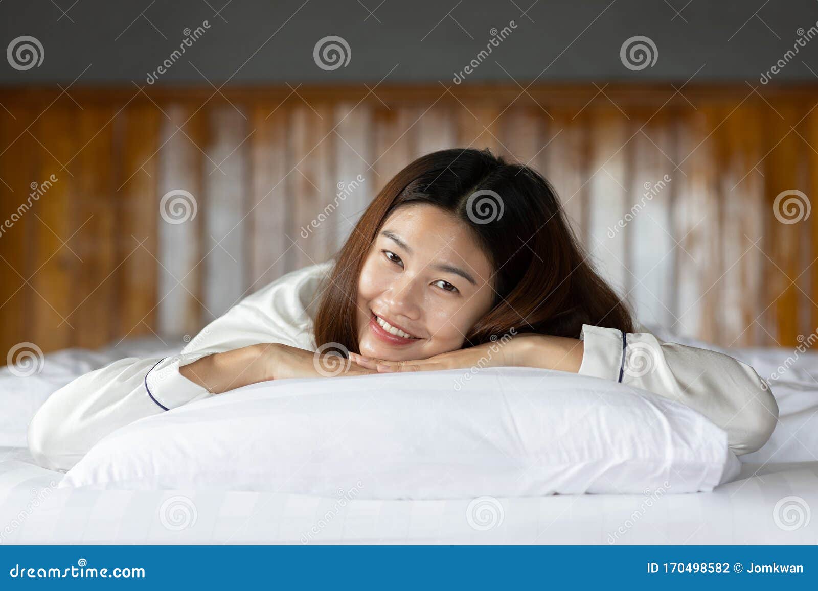 Beautiful Attractive Asian Woman Wearing Pajamas Sleep Smile Stock