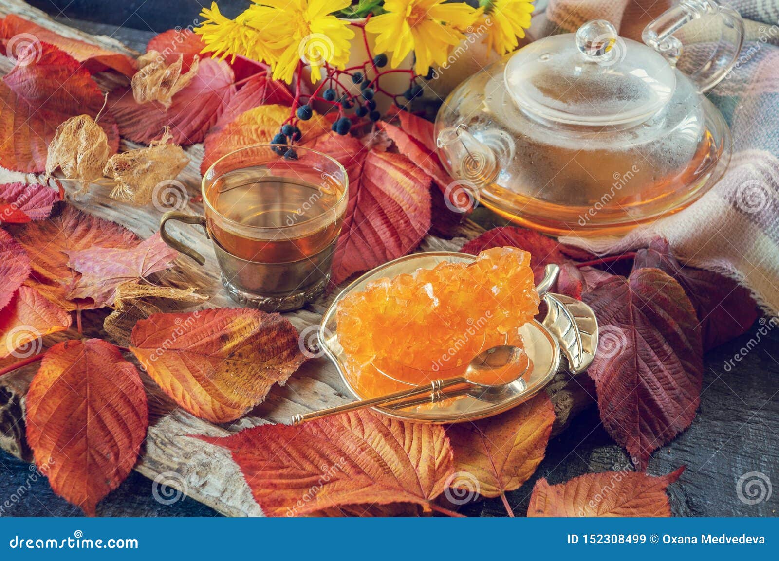 Beautiful Autumn Composition with Tea. Autumn Leaves and a Cup with a ...