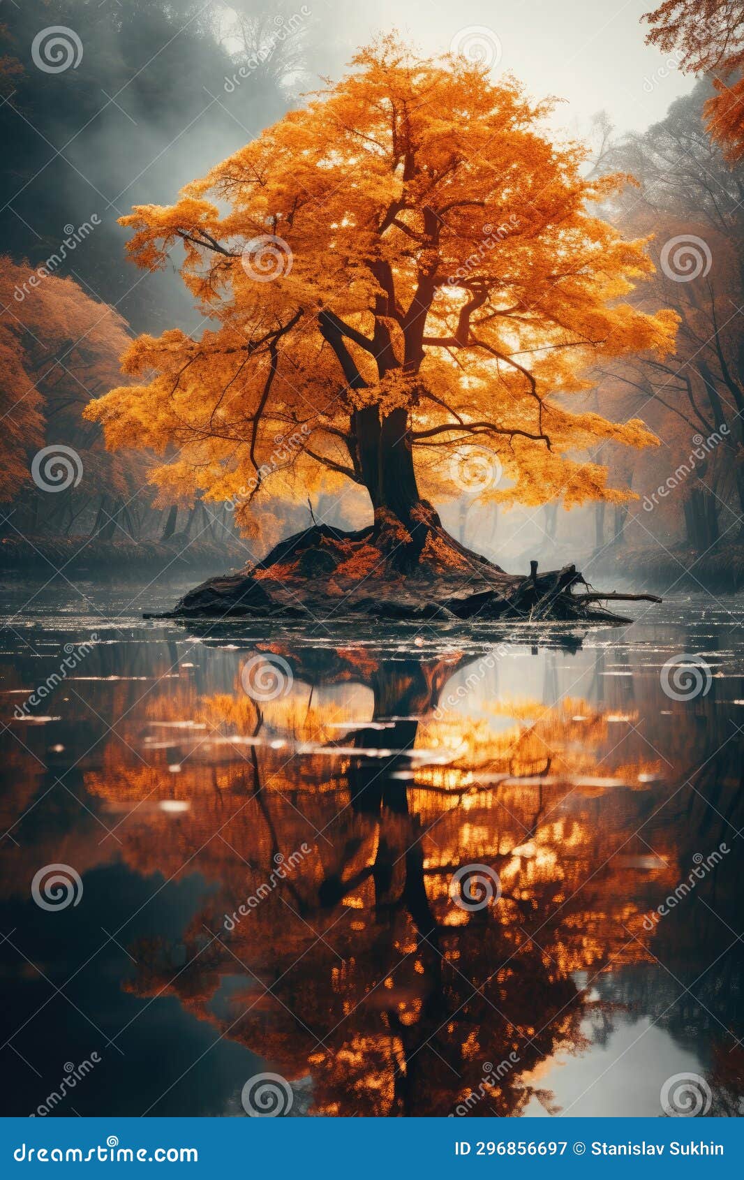 Beautiful Autumn Park Along the River. Beautiful Big Tree in the Middle ...