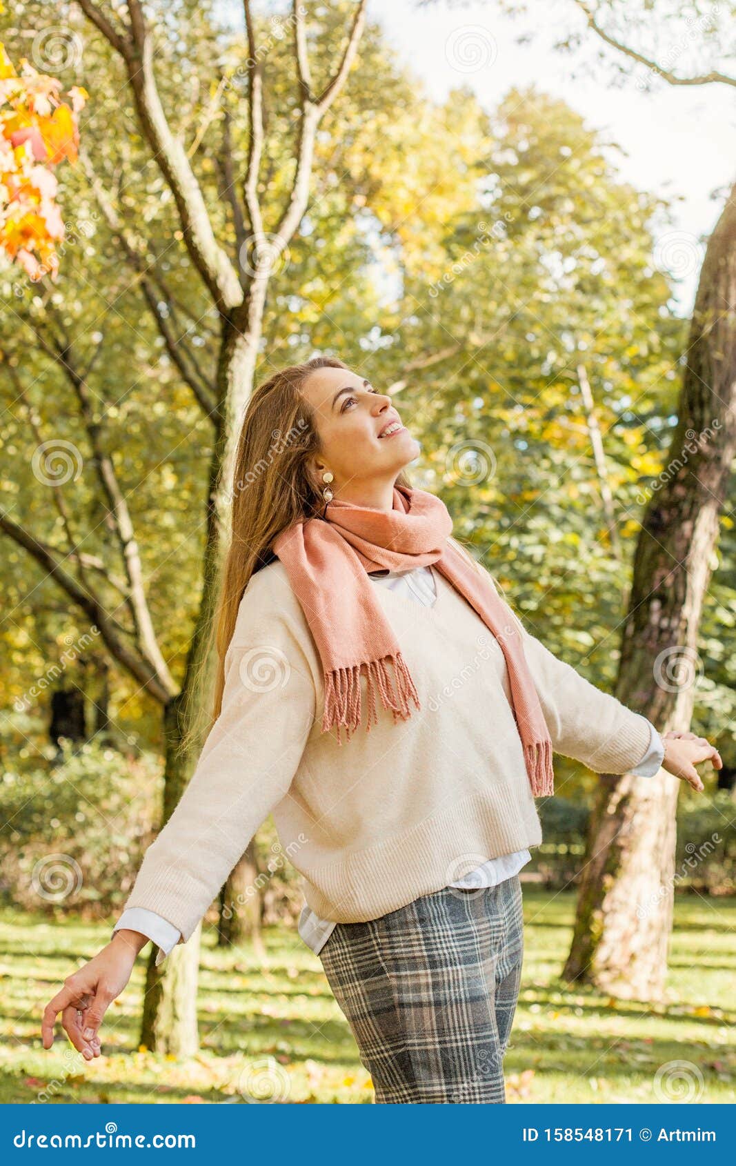 Beautiful Autumn Woman Holding Yellow Maple Leaf Outdoors Romantic