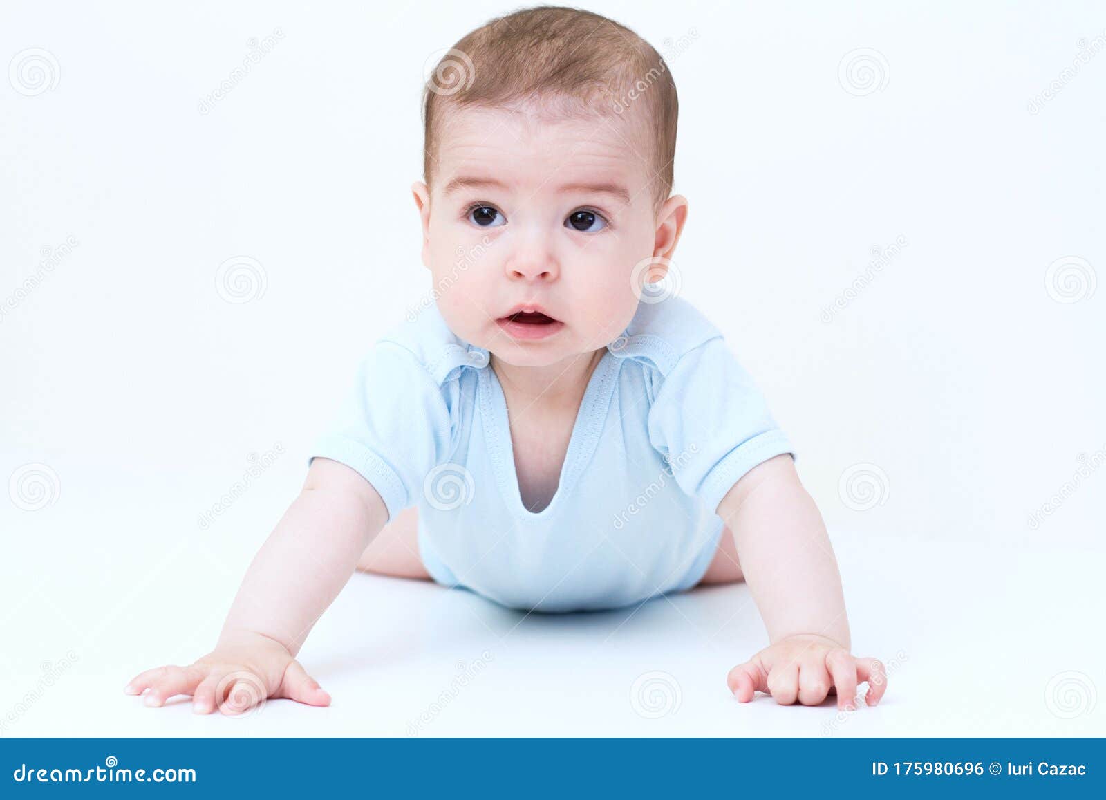 Horizontal Studio Image of Happy Cute Baby Wearing Blue Bodysuit on ...