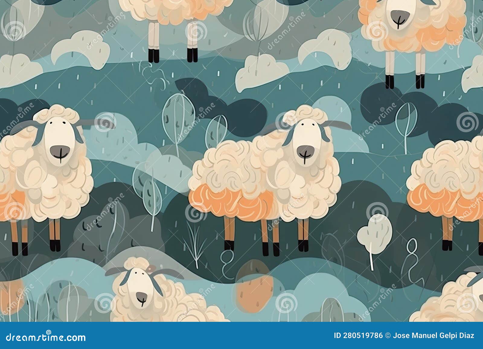 Beautiful Background of Sheep and Clouds in a Children S Drawing Style ...