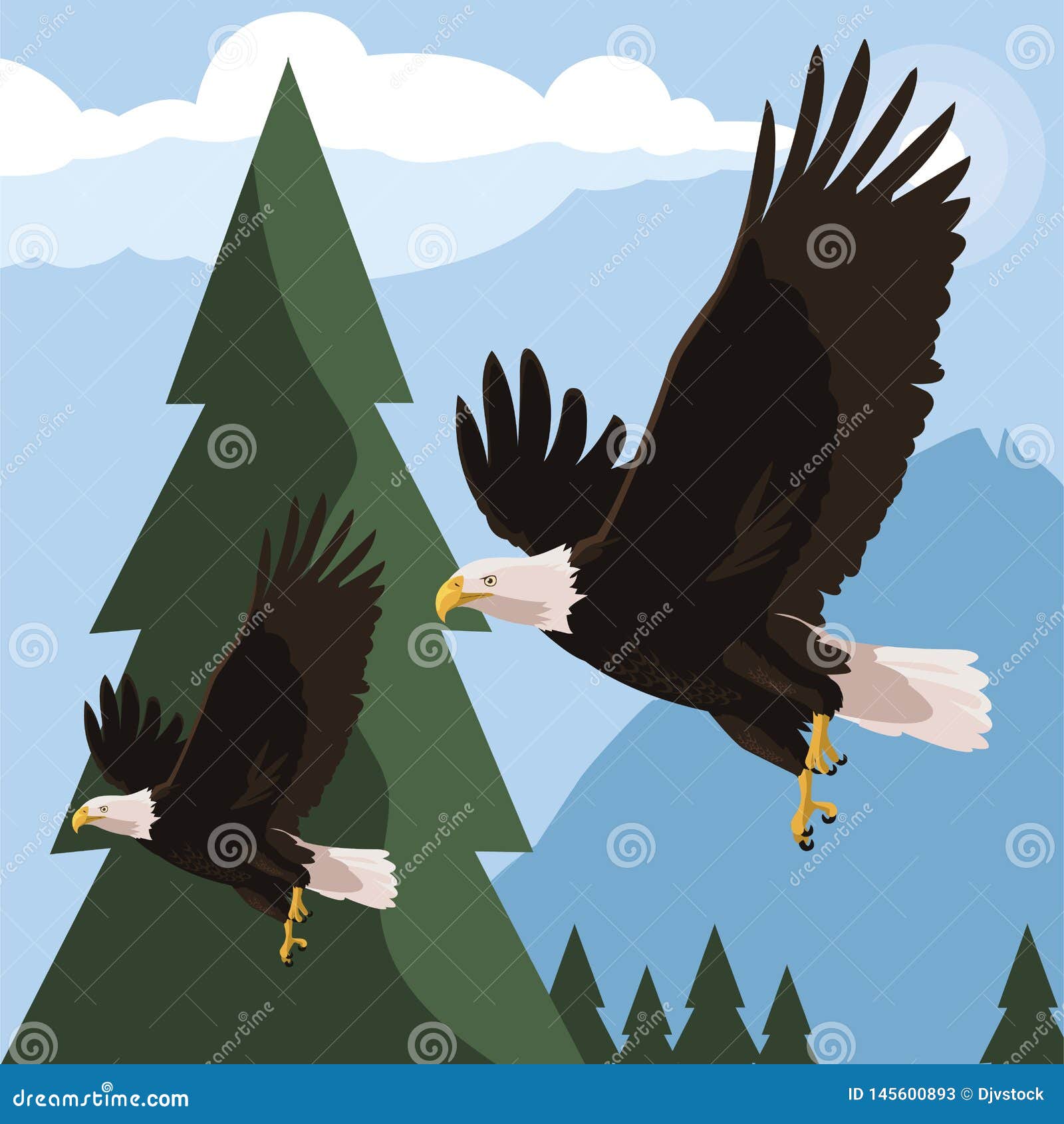 Beautiful Bald Eagles Flying in the Landscape Stock Illustration ...