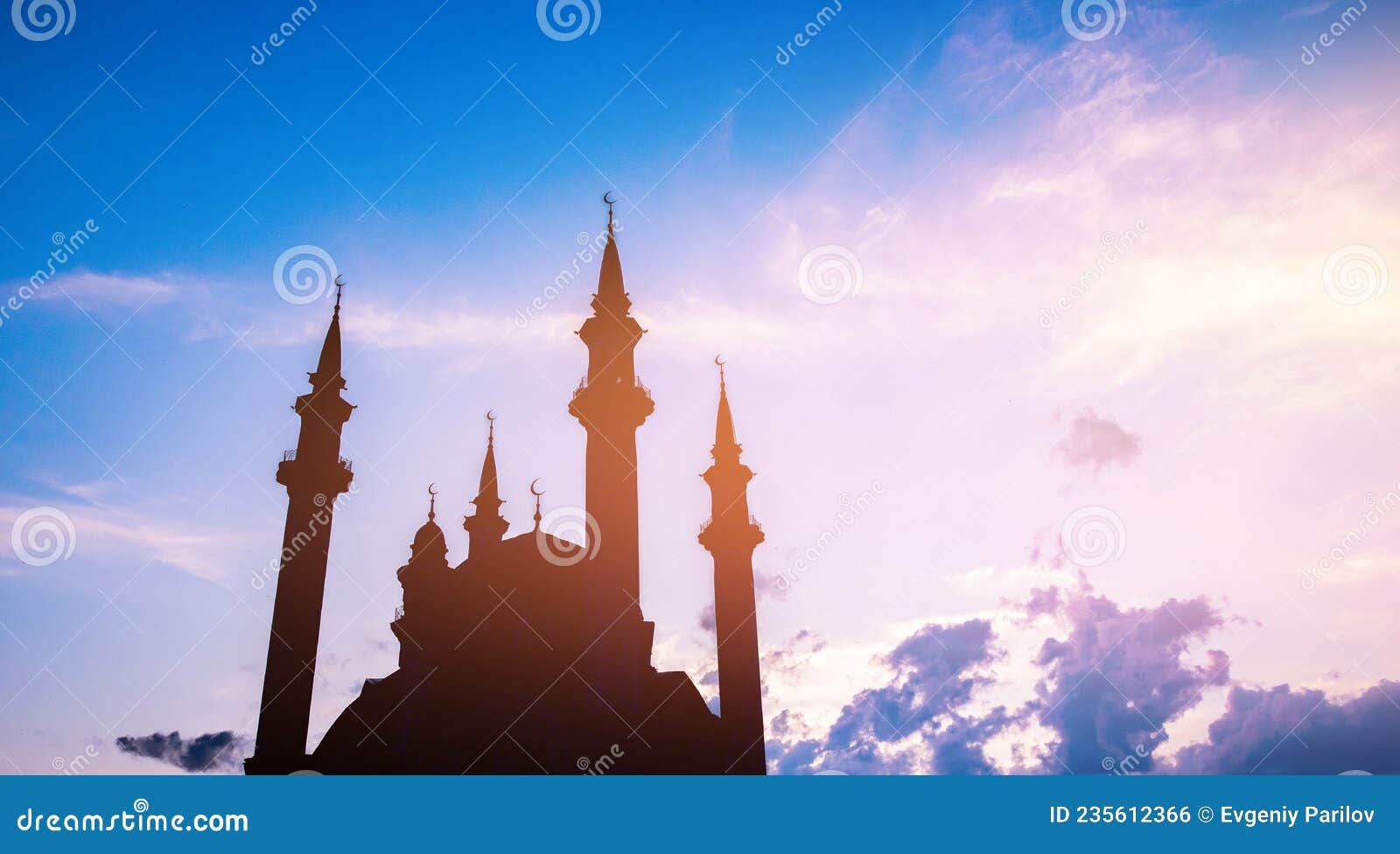 Beautiful Banner Silhouette Islamic Mosque Sunset Cloud with Sun Light ...