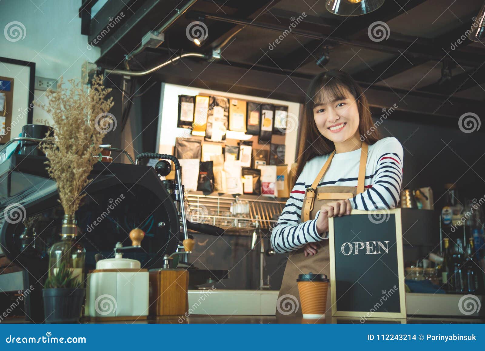 Beautiful Barista Behind Coffee Counter And Test Her Coffee, Work ...