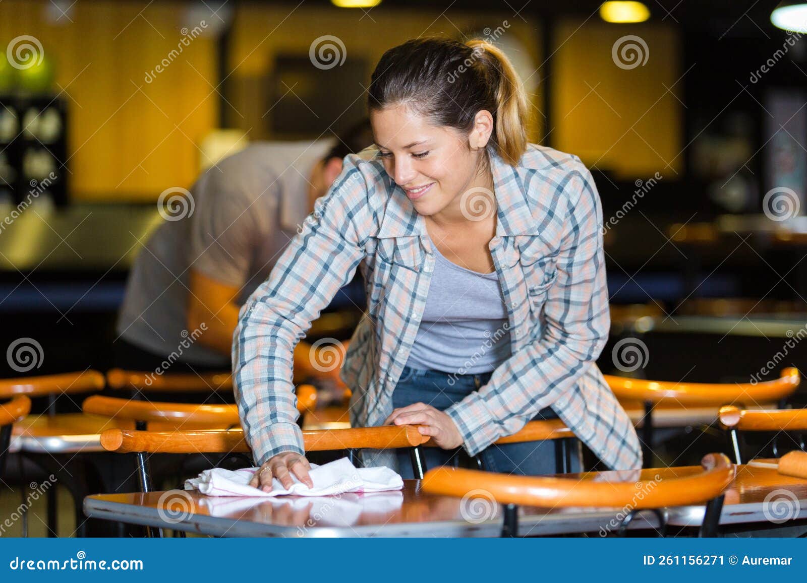 Beautiful Barmaid Cleaning Table in Bar Stock Image - Image of bowtie ...