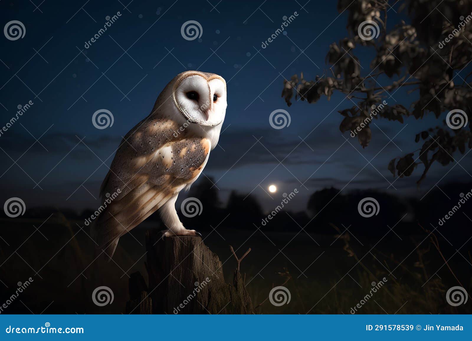 Beautiful Barn Owl Sitting on a Tree Trunk in the Moonlight Stock ...