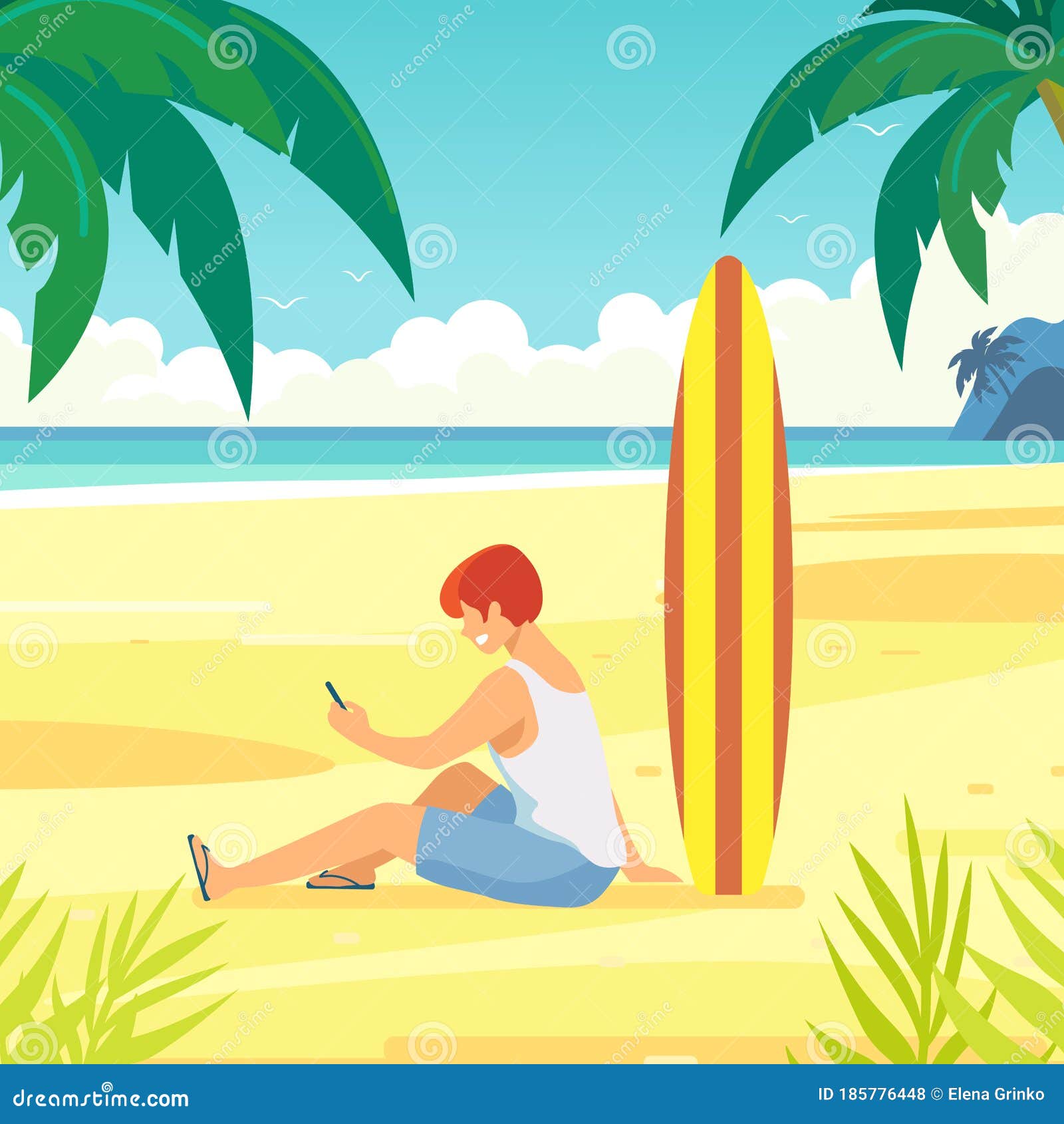 Ocean Shore, Tropical Beach, Sea Coast. Surfer with a Phone in His ...