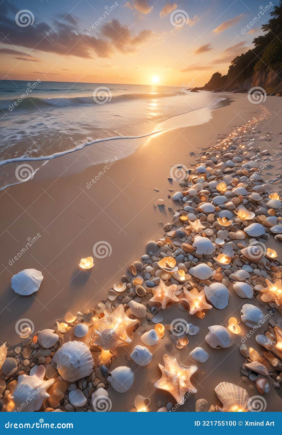 Beautiful Beach with Glowing Shells at Sun Set Stock Illustration ...