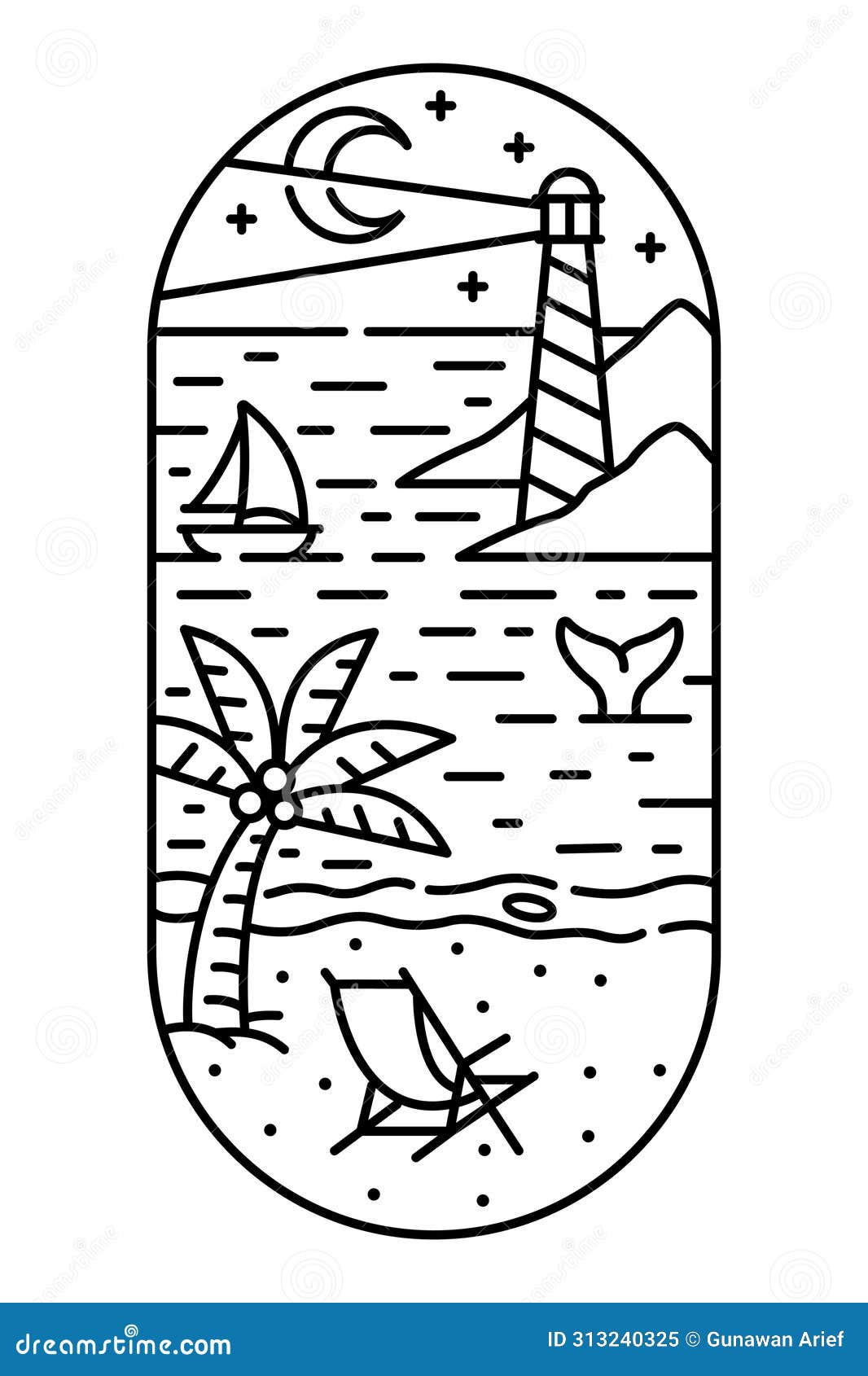 Beautiful Beach Views Line Art Illustration Stock Vector - Illustration ...