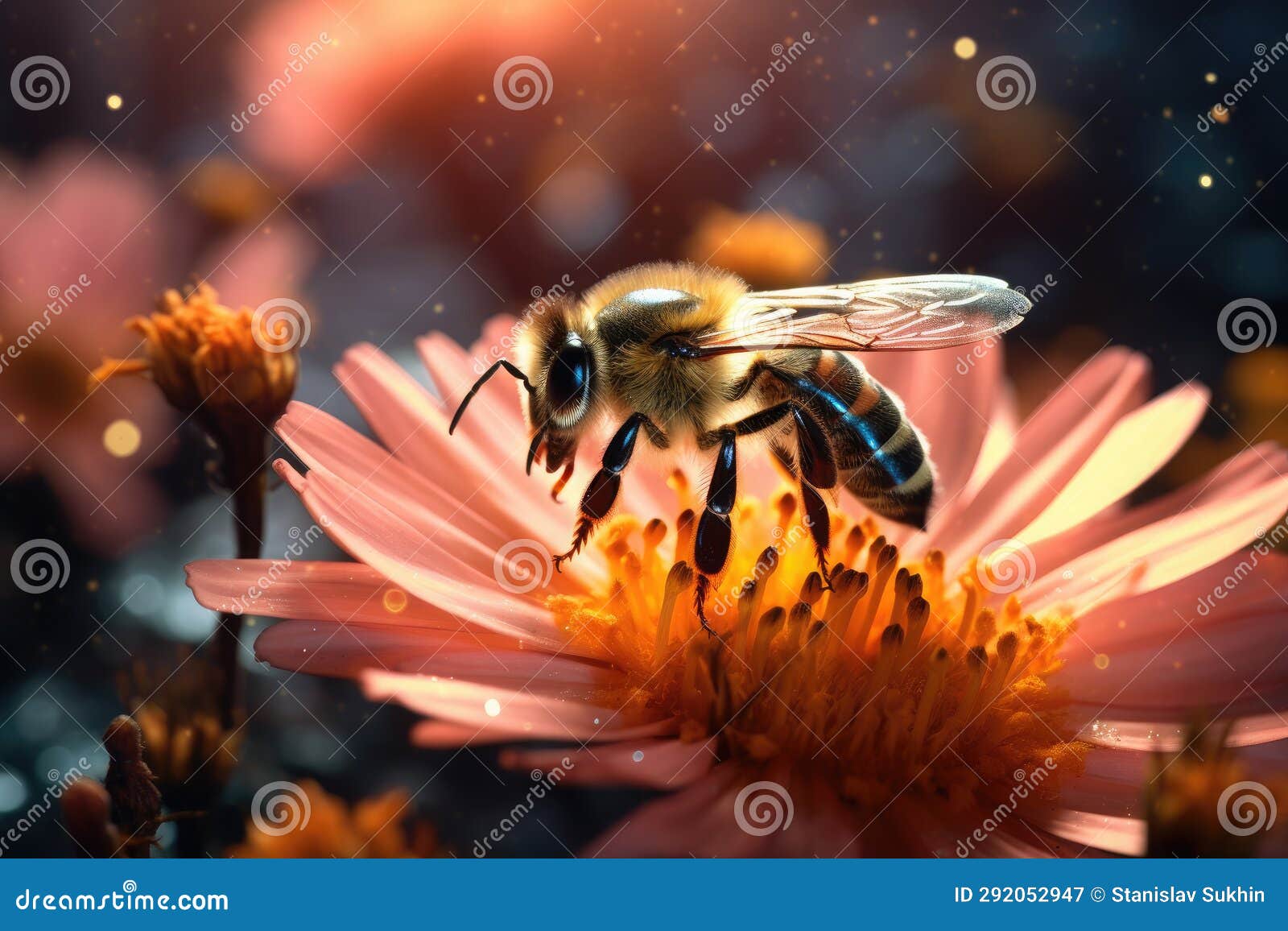 Beautiful Bee on a Flower on a Magical Background. Pollination Stock ...