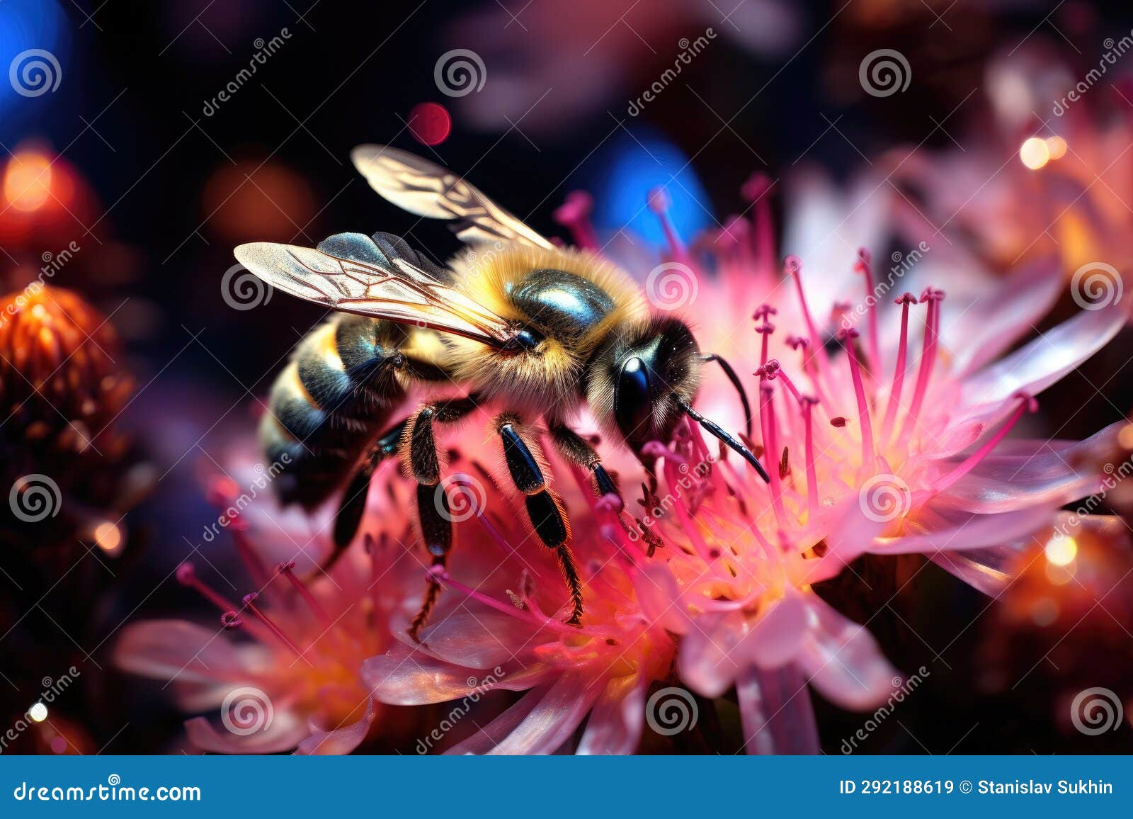 Beautiful Bee on a Flower on a Magical Background. Pollination Stock ...