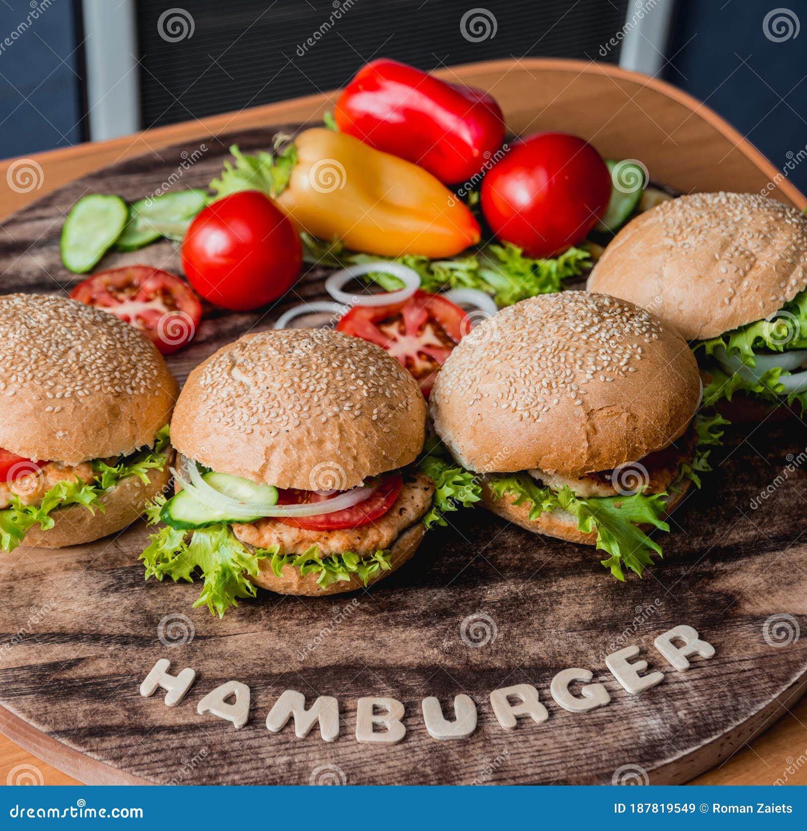 Beautiful Big Hamburger on a Wooden Table Stock Image - Image of ...