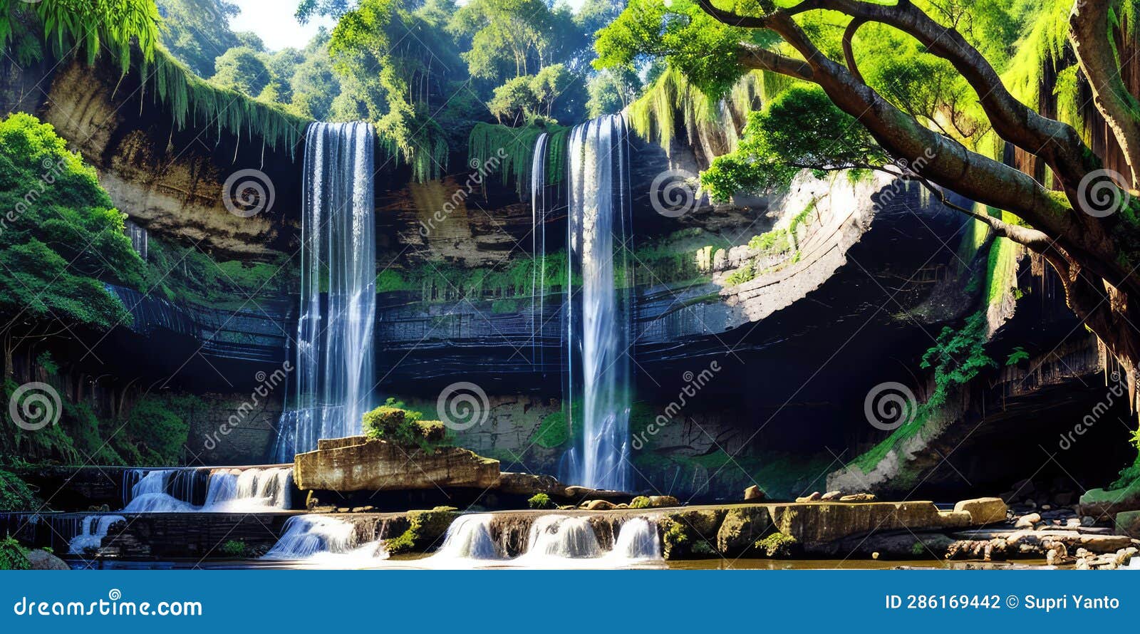 Beautiful Big Tree and Waterfall Landscape for Background Stock ...