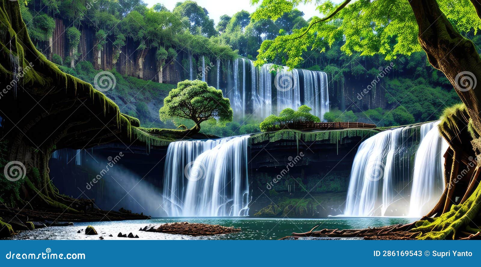 Beautiful Big Tree and Waterfall Landscape for Background Stock ...