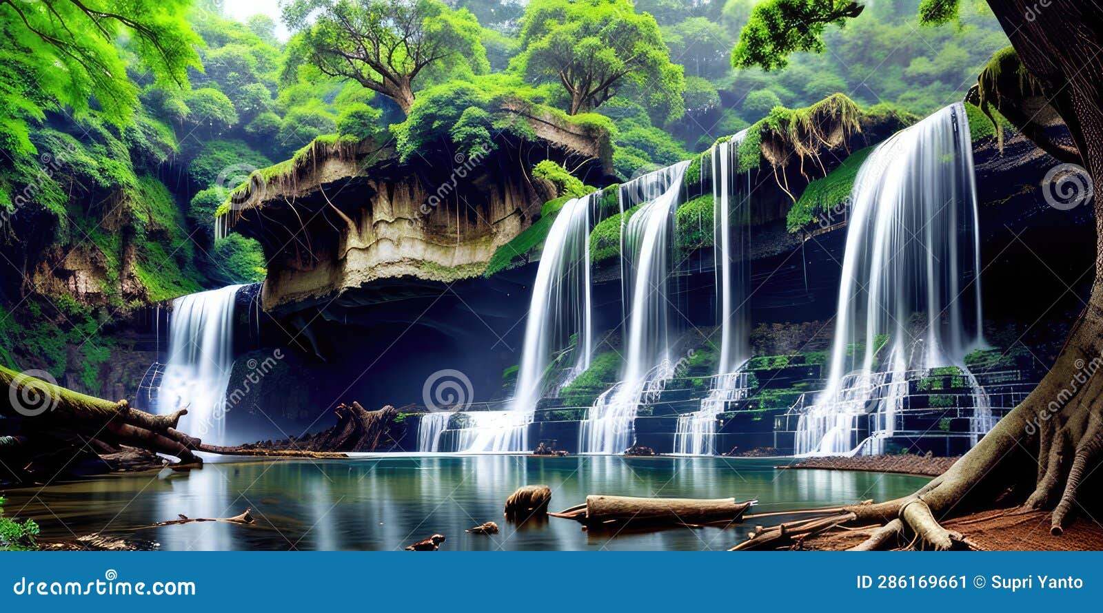 Beautiful Big Tree and Waterfall Landscape for Background Stock ...