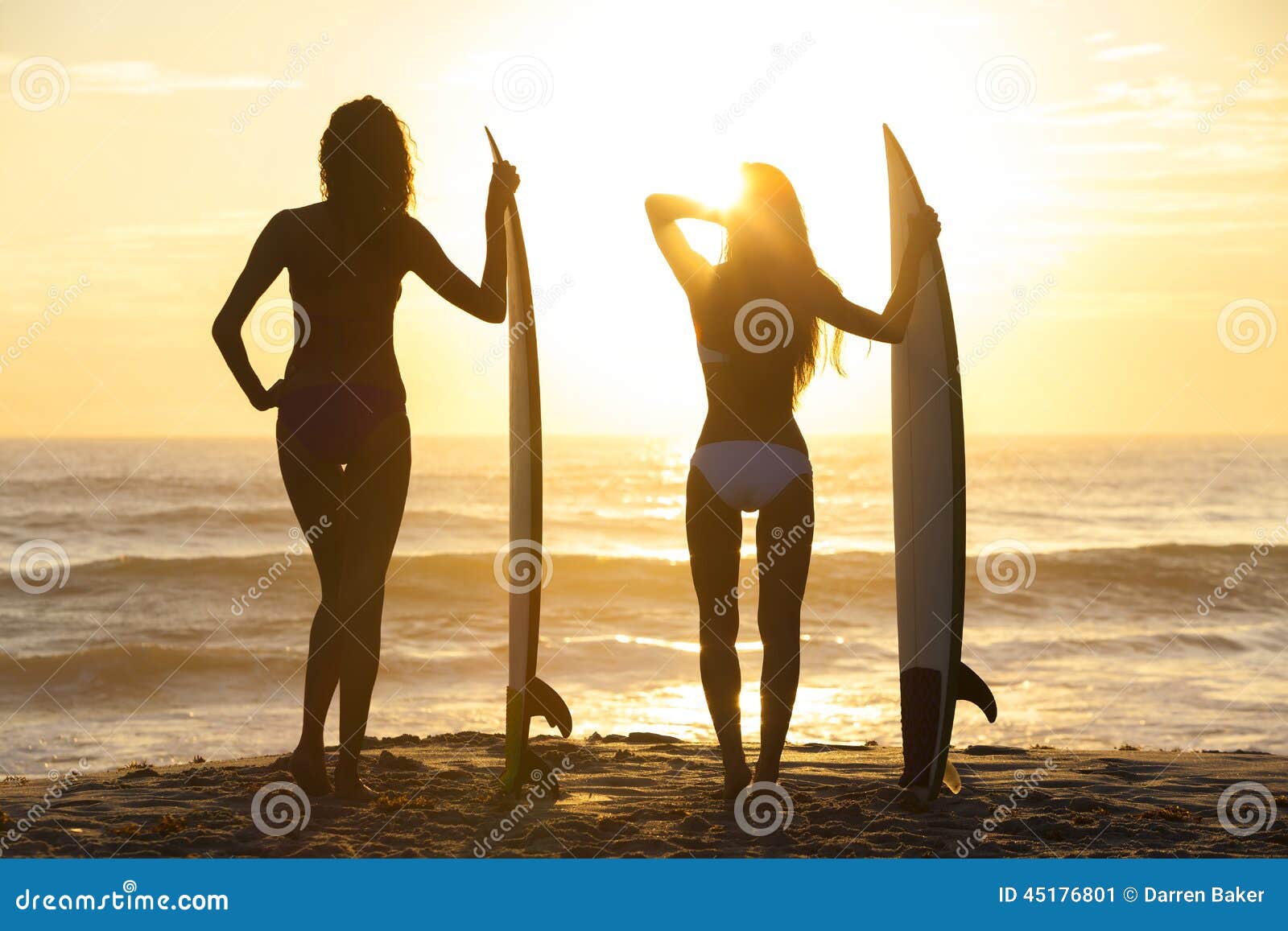 Beautiful Bikini Surfer Women Girls Surfboards Sunset Beach Stock Image