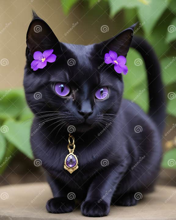 Beautiful Black Cat with Purple Eyes and Purple Flowers in Her Hair ... Beautiful Black Cat with Purple Eyes and Purple Flowers in Her Hair ...