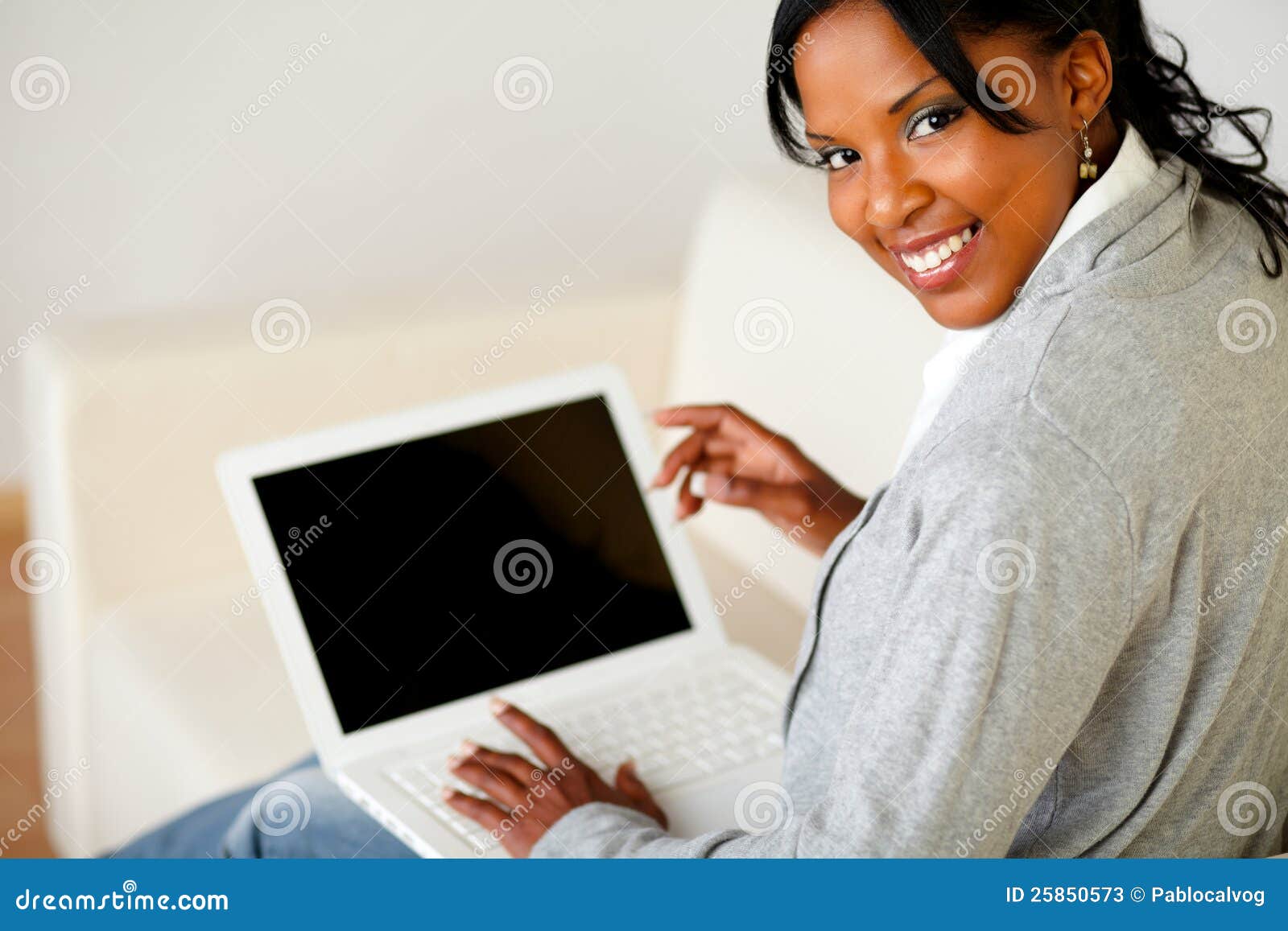 Beautiful Black Female Working on Laptop Stock Image - Image of female ...