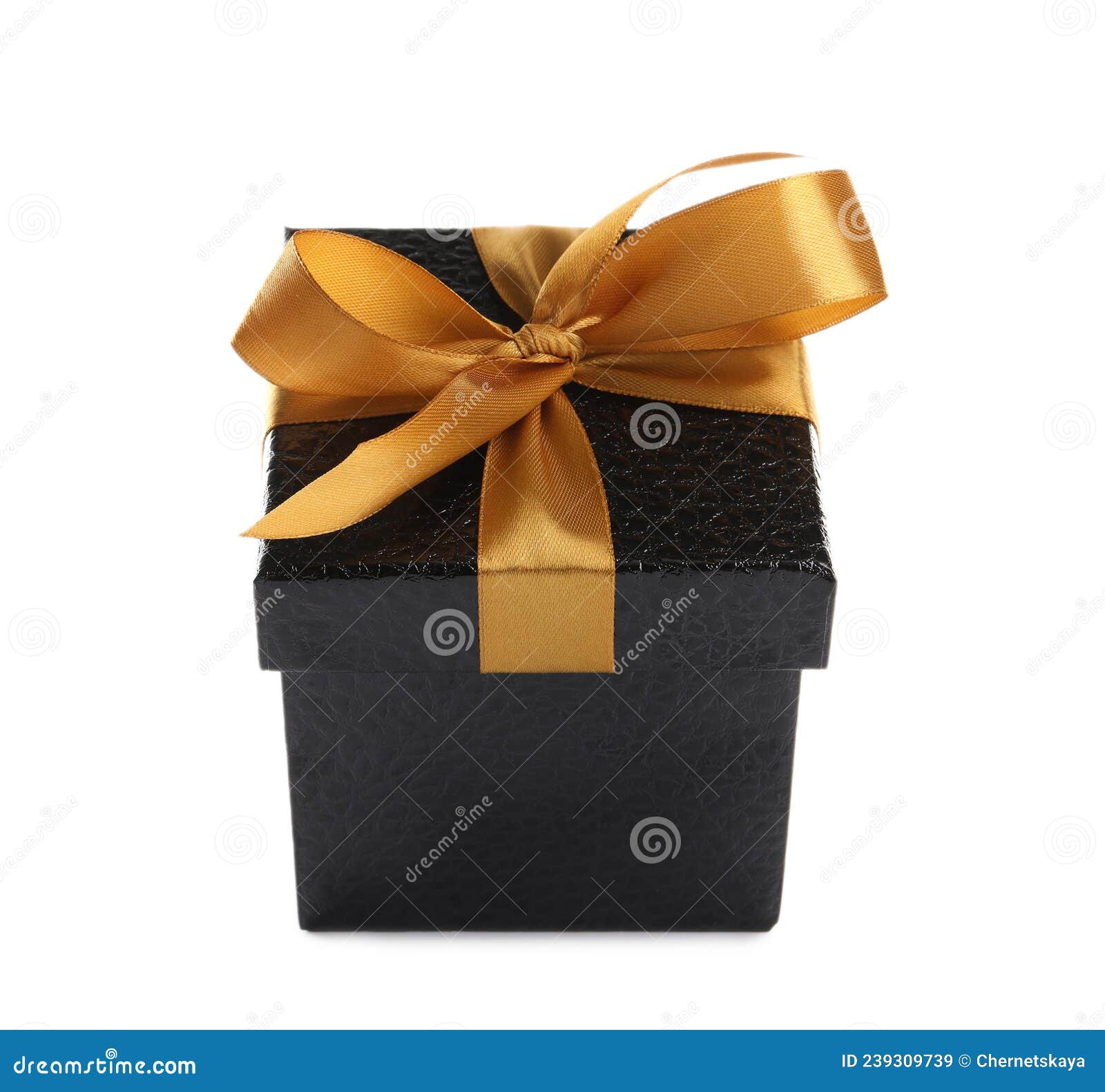 Beautiful Black Gift Box with Golden Bow on White Background Stock ...