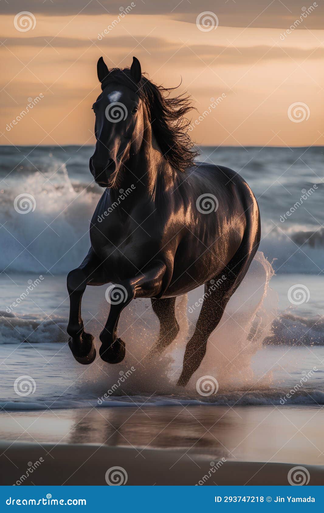Beautiful Black Horse Galloping on the Beach in Sunset Light. Stock ...