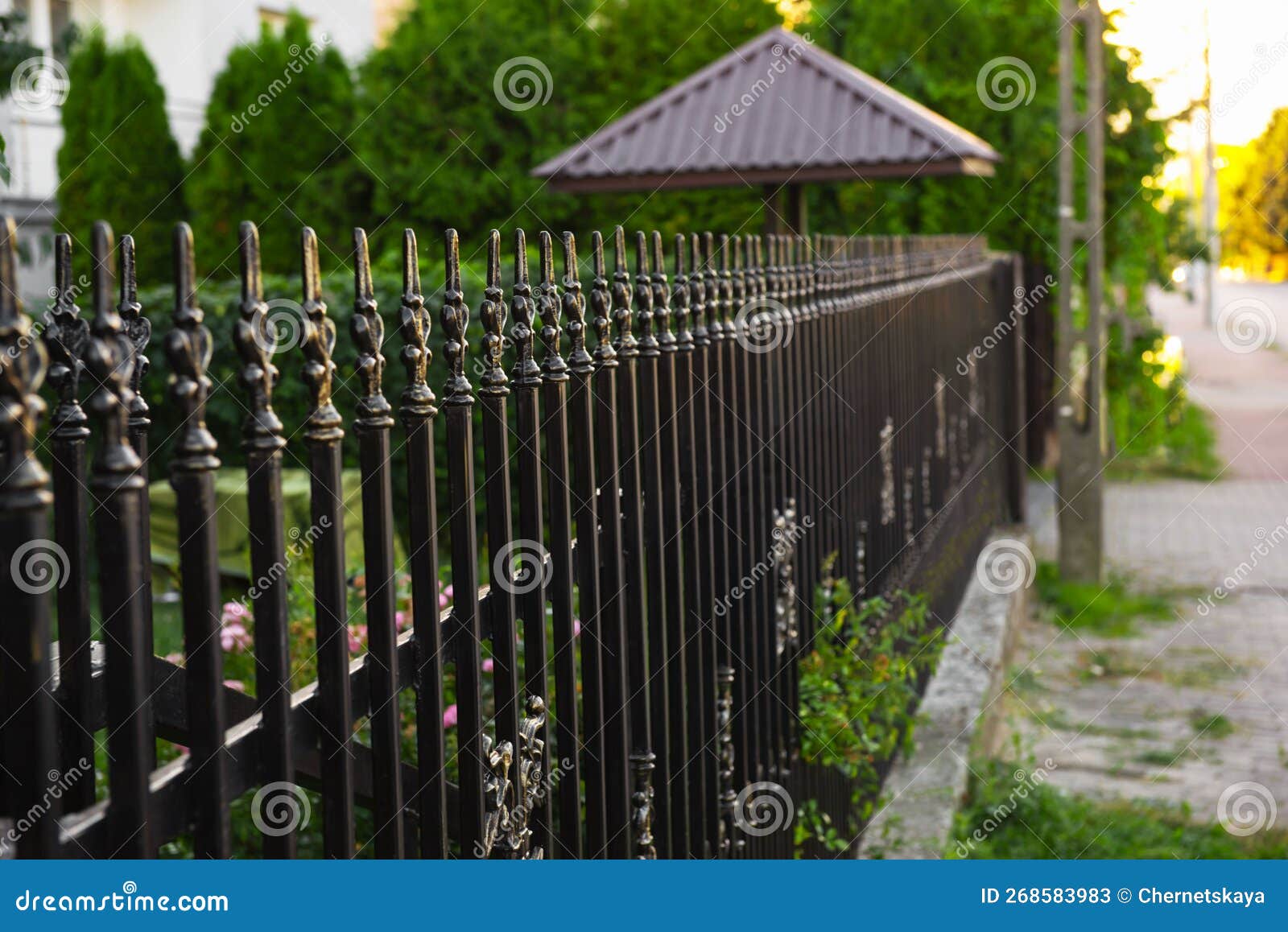 Beautiful Black Iron Fence Near Pathway Outdoors Stock Image - Image of ...