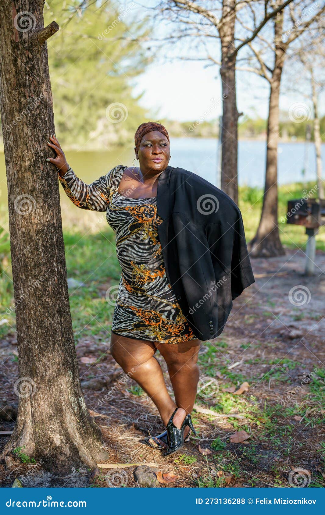 Beautiful Black Plus Sized Model Posing by a Tree in a Tranquil Park ...