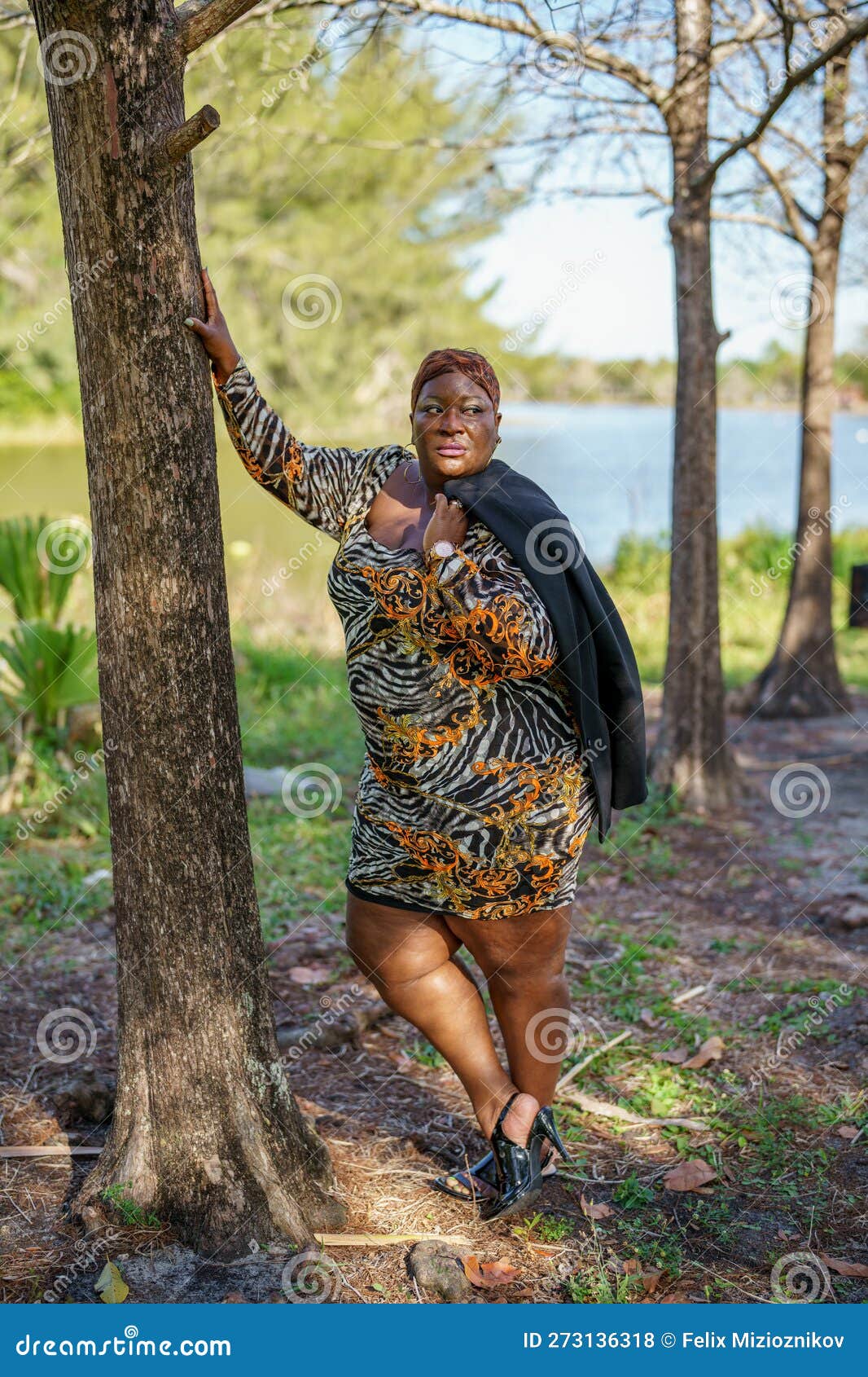 Beautiful Black Plus Sized Model Posing by a Tree in a Tranquil Park ...