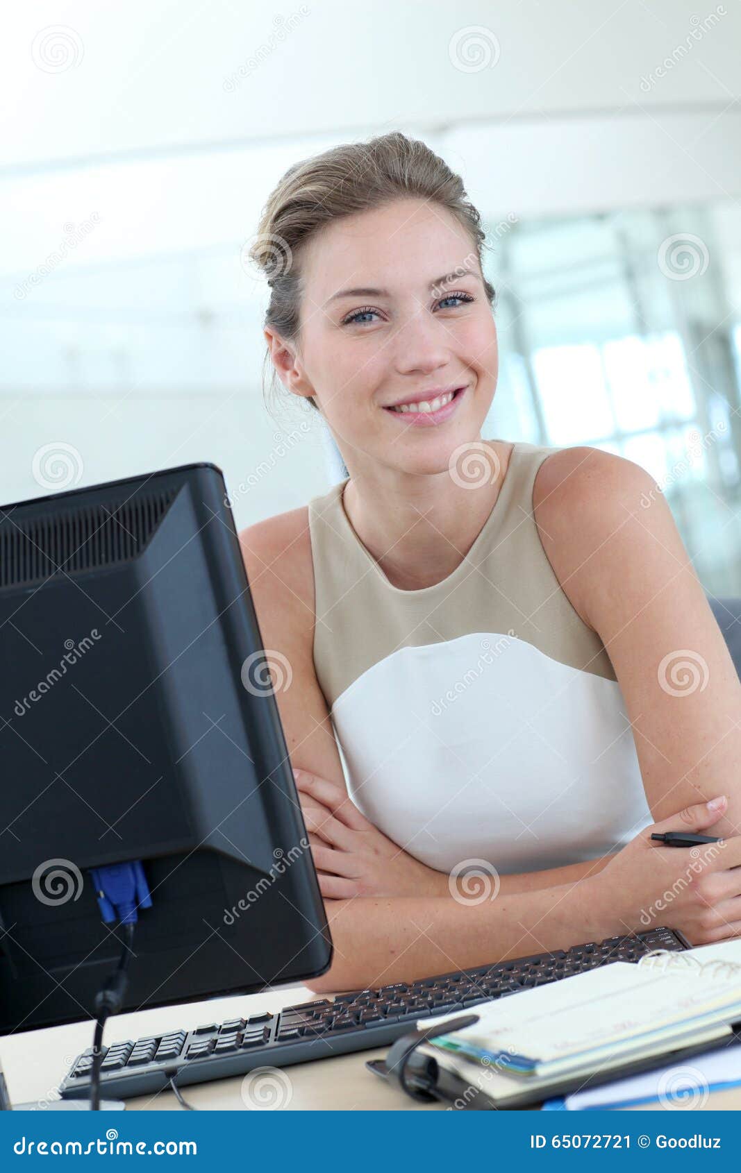 Beautiful Blond Office Worker on Desktop Computer Stock Image - Image ...