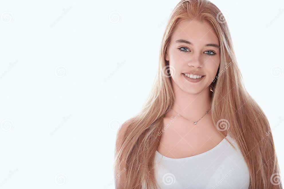 Beautiful Blond Woman With Long Hair Smiling On White Background Stock