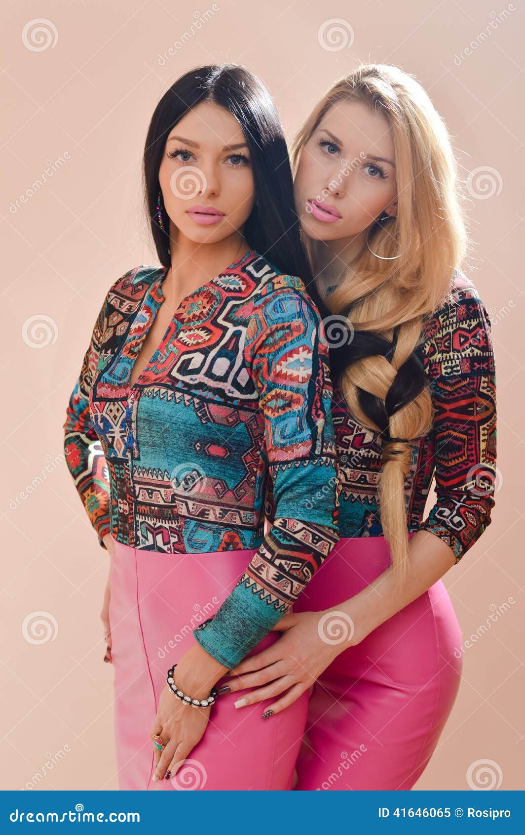 2 Beautiful Blonde And Brunette Young Women Girl Friends Or Sisters
