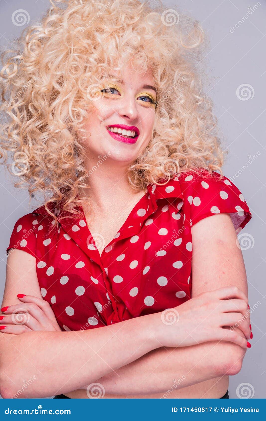 Beautiful Blonde Girl With A Curly Curly Hairstyle Bright Yellow Make