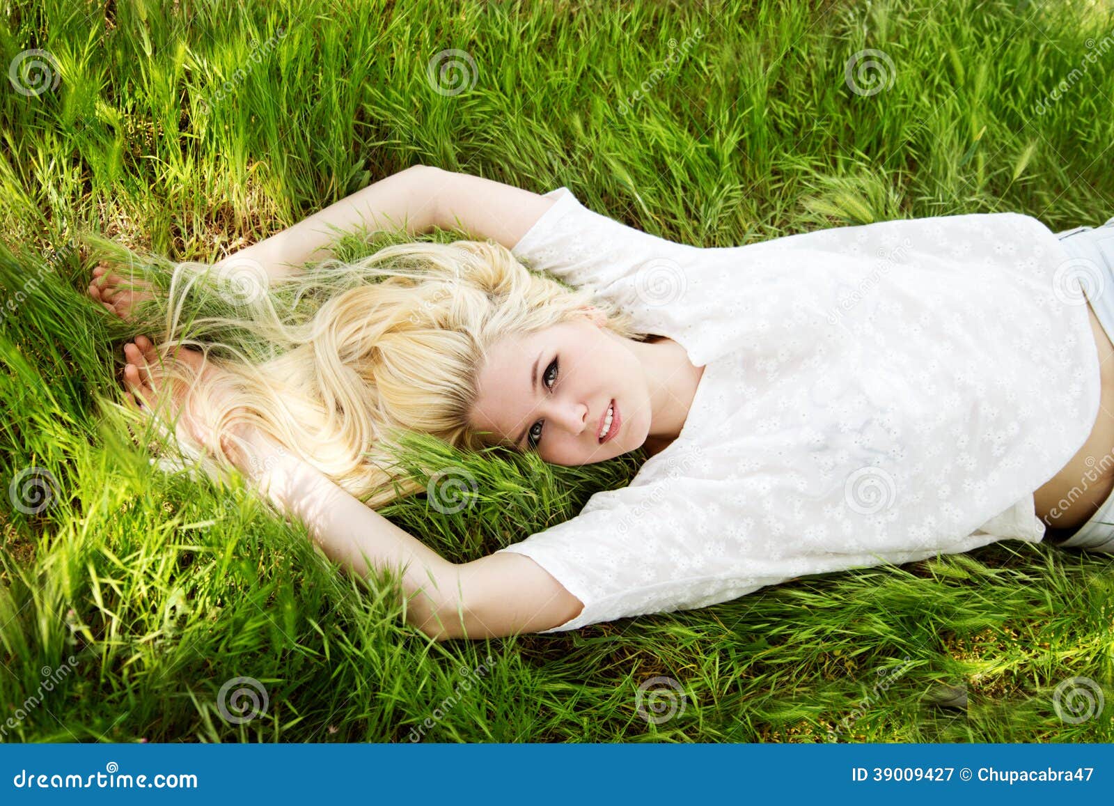 Beautiful Blonde Girl Lying In Green Field Stock Image Image Of Adult