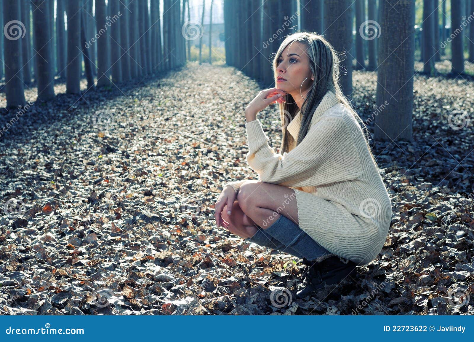 Beautiful Blonde Girl Thinking in the Woods Stock Photo - Image of ...