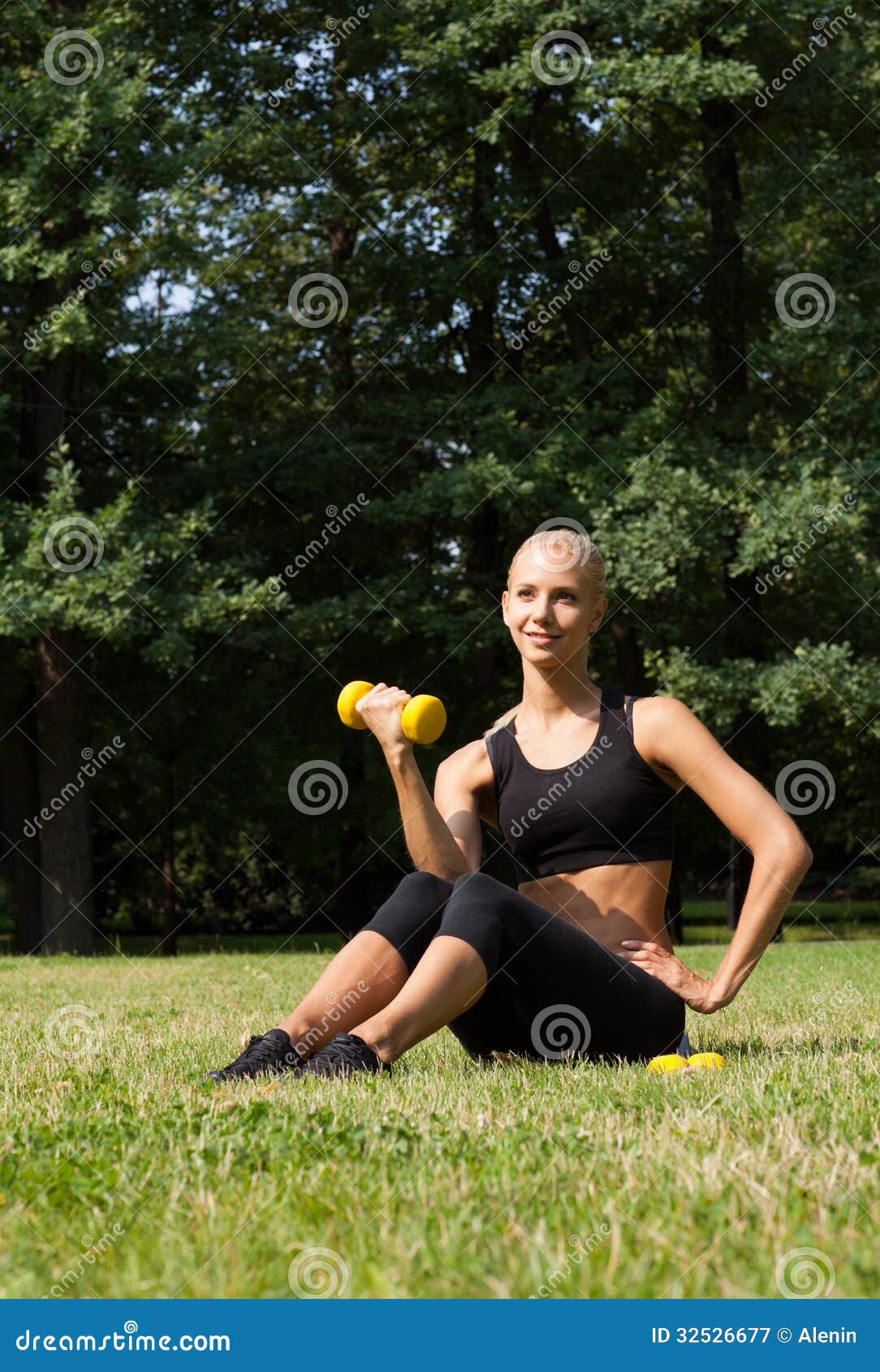 The Beautiful Blonde in Park with Dumbbells Stock Image - Image of arms ...