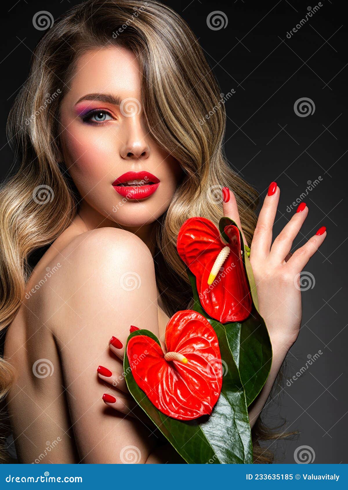 Beautiful Blonde With Red Flowers Covers Her Bare Breasts Portrait Of