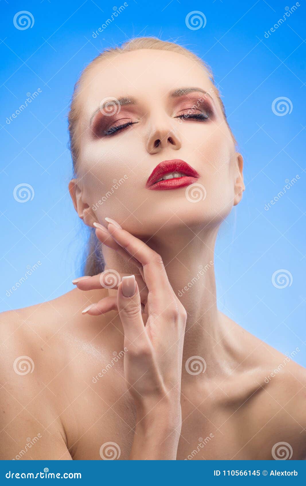 The Beautiful Blonde Red Lips Girl Touches By Fingers Her Face A Stock