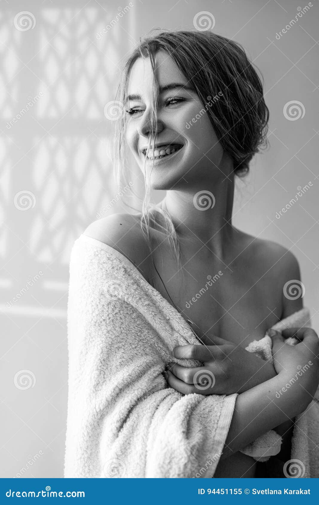 Beautiful Blonde In A Towel Cute Smiling Stock Image Image Of Mouth