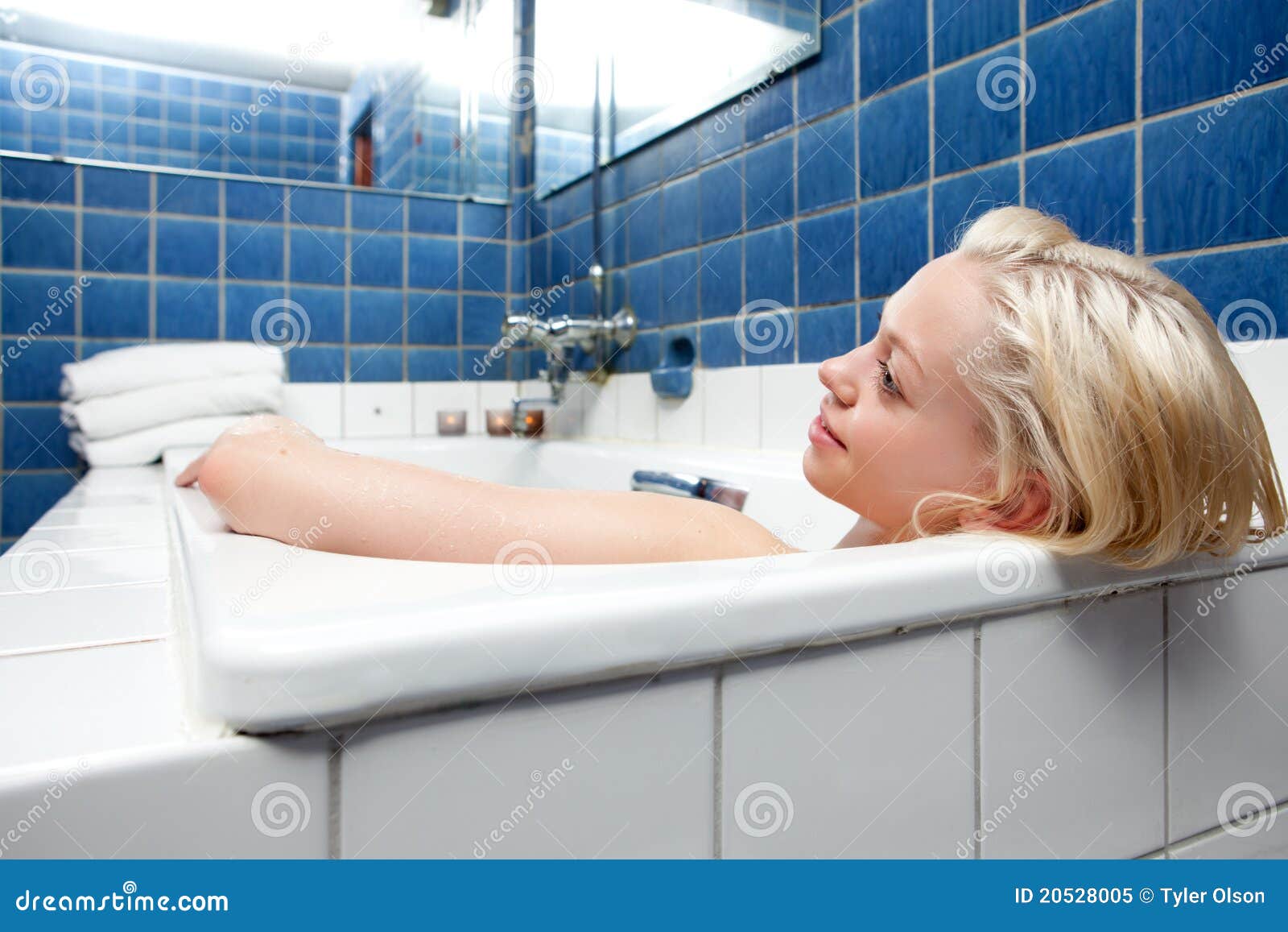 Beautiful Blonde Woman in Bath Stock Image - Image of candle, bathroom ...