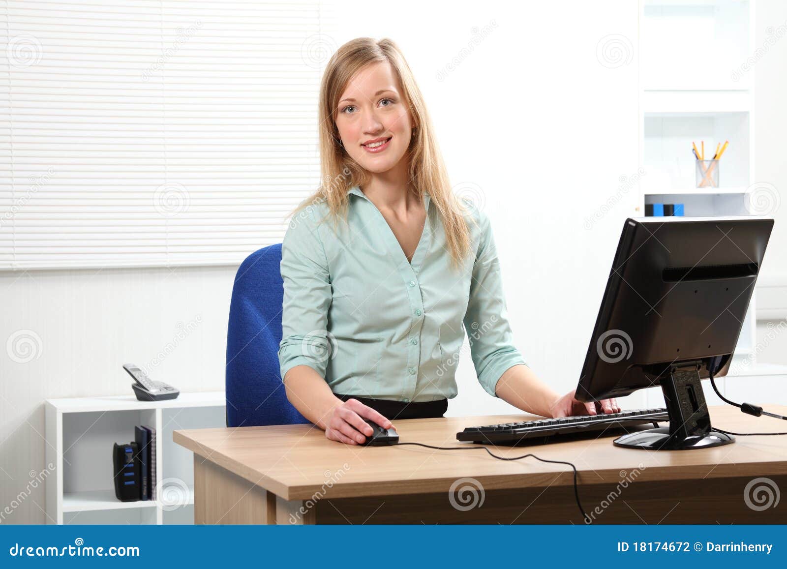 Beautiful Blonde Woman at Computer in Office Stock Photo - Image of ...