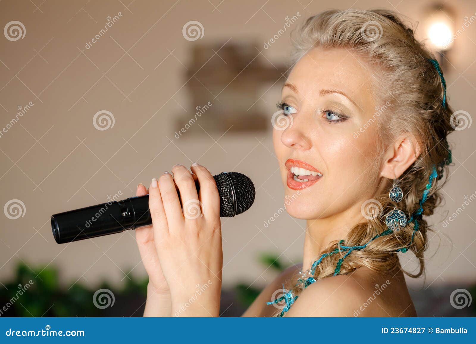 Beautiful Blonde Woman with Microphone Stock Image - Image of adult ...