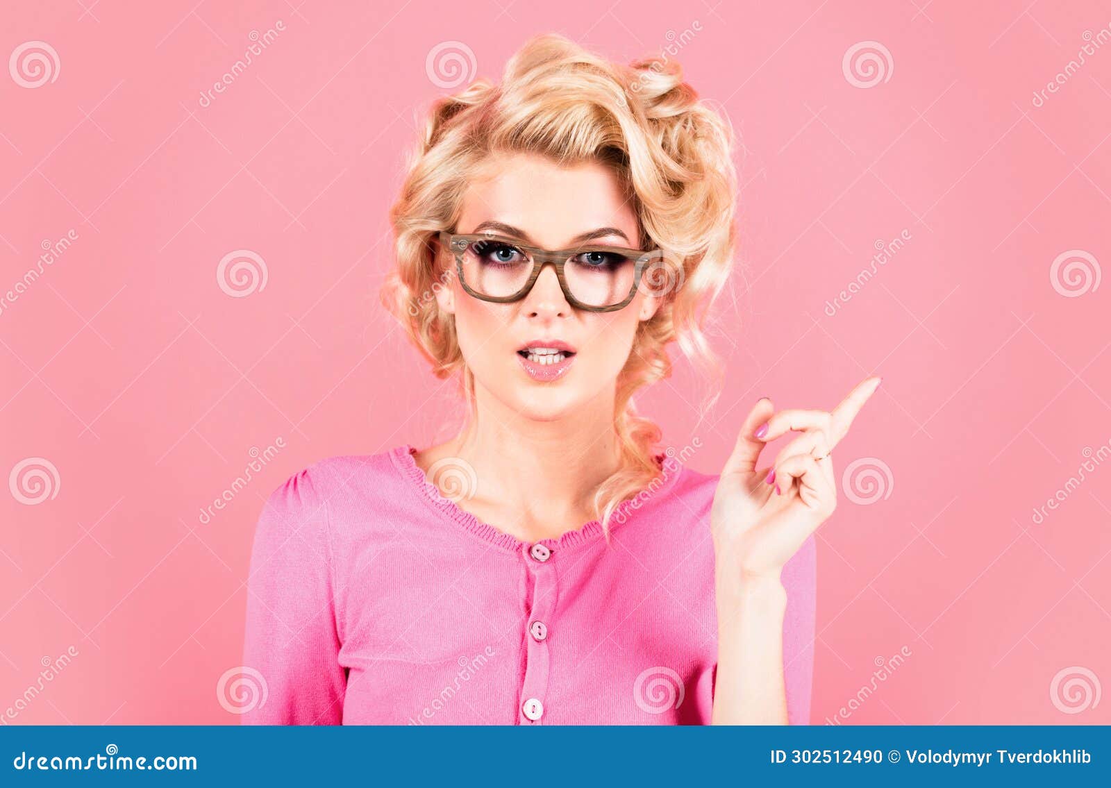 Beautiful Blonde Woman Model Wear Glasses Retro Pinup Style Stock
