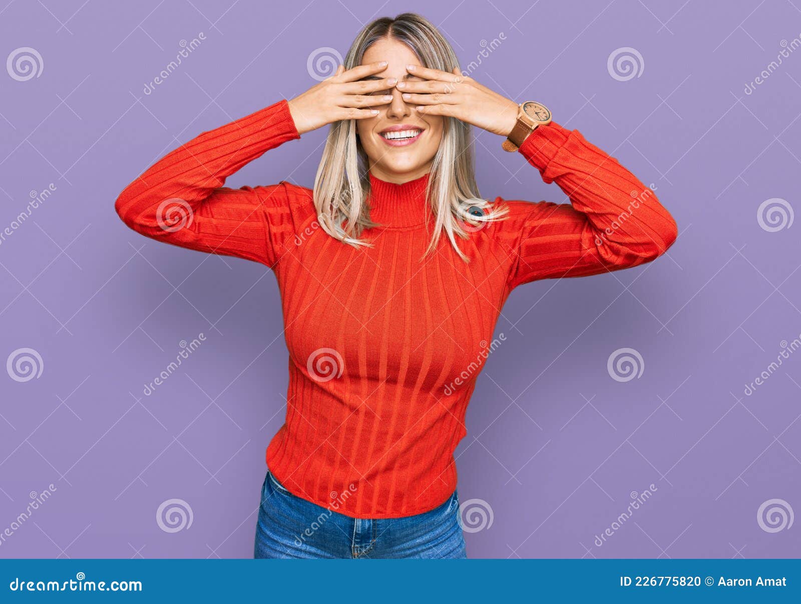 Beautiful Blonde Woman Wearing Casual Clothes Covering Eyes With Hands