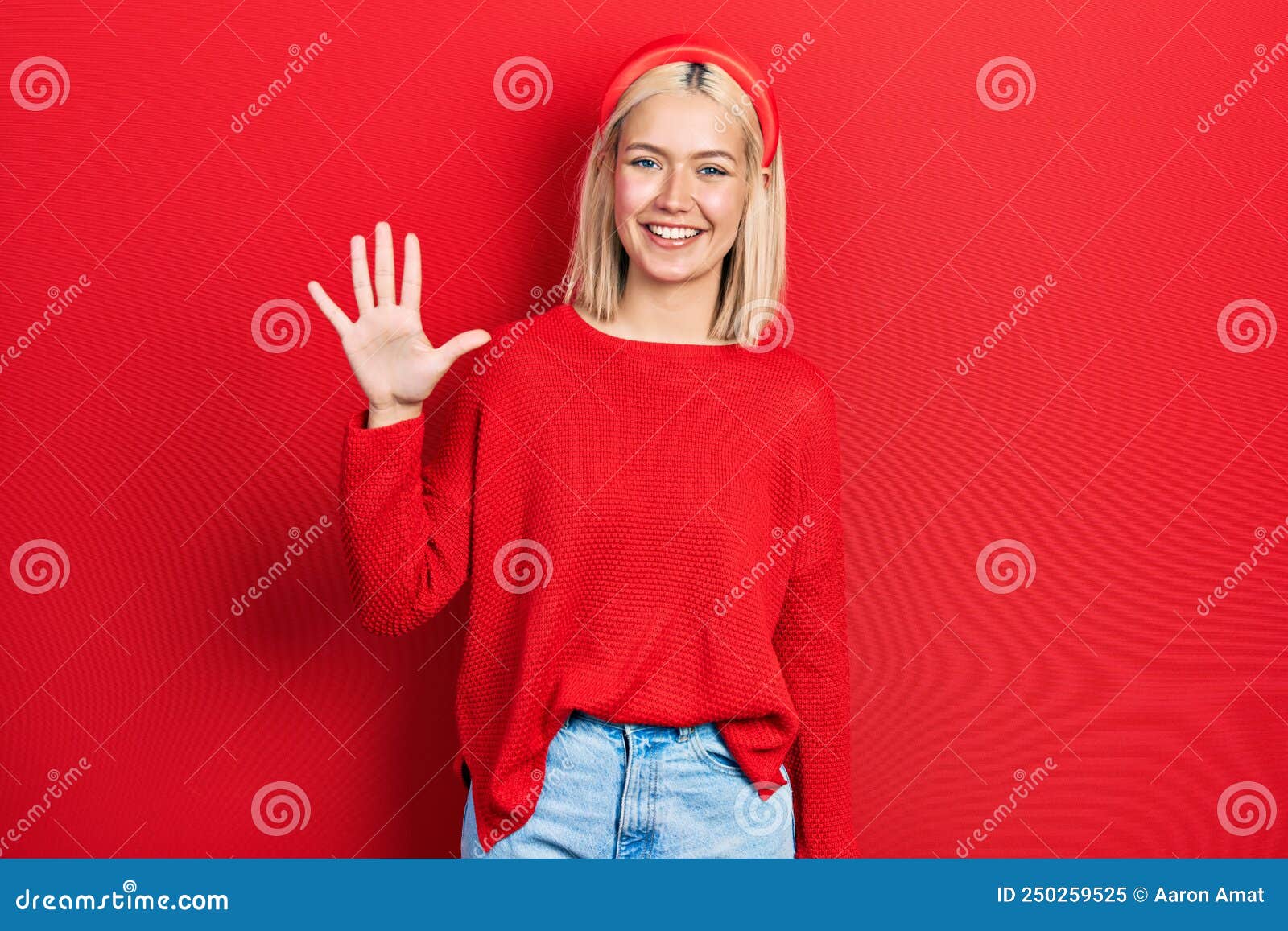Beautiful Blonde Woman Wearing Casual Red Sweater Showing And Pointing Up With Fingers Number