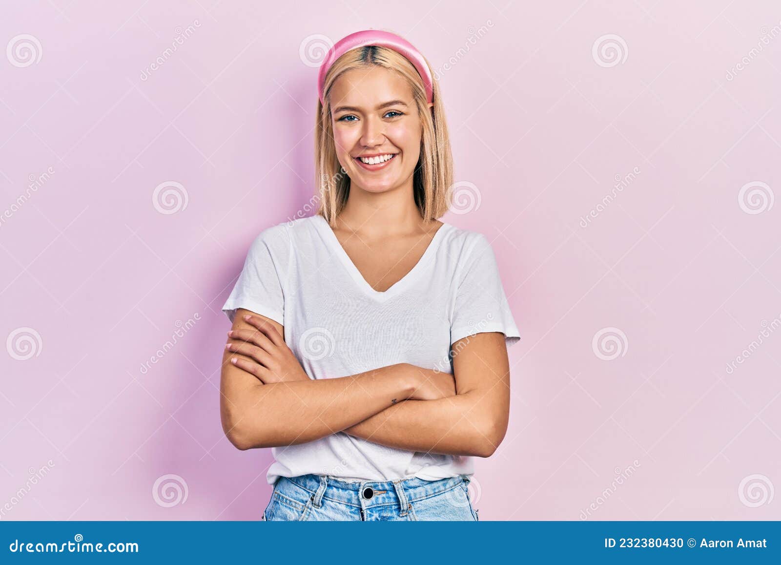 Beautiful Blonde Woman Wearing Casual White T Shirt Happy Face Smiling