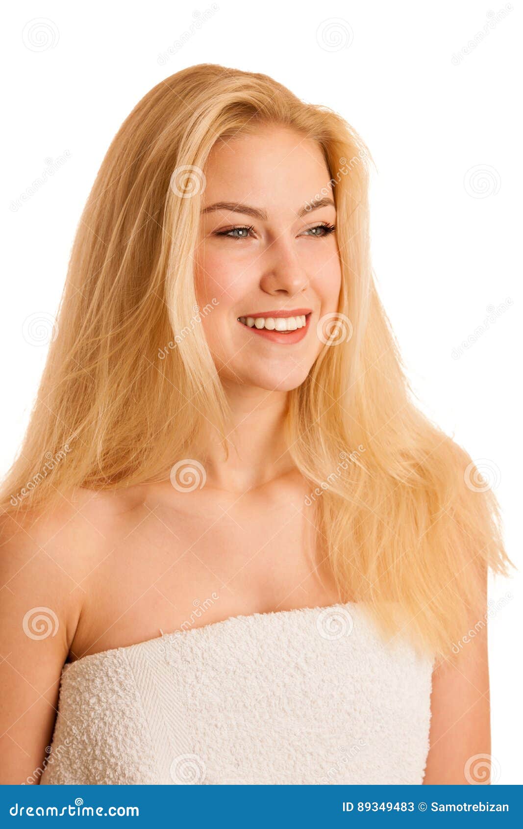 Beautiful Blonde Woman Wrapped In Towel After Bath Isolated Over Stock