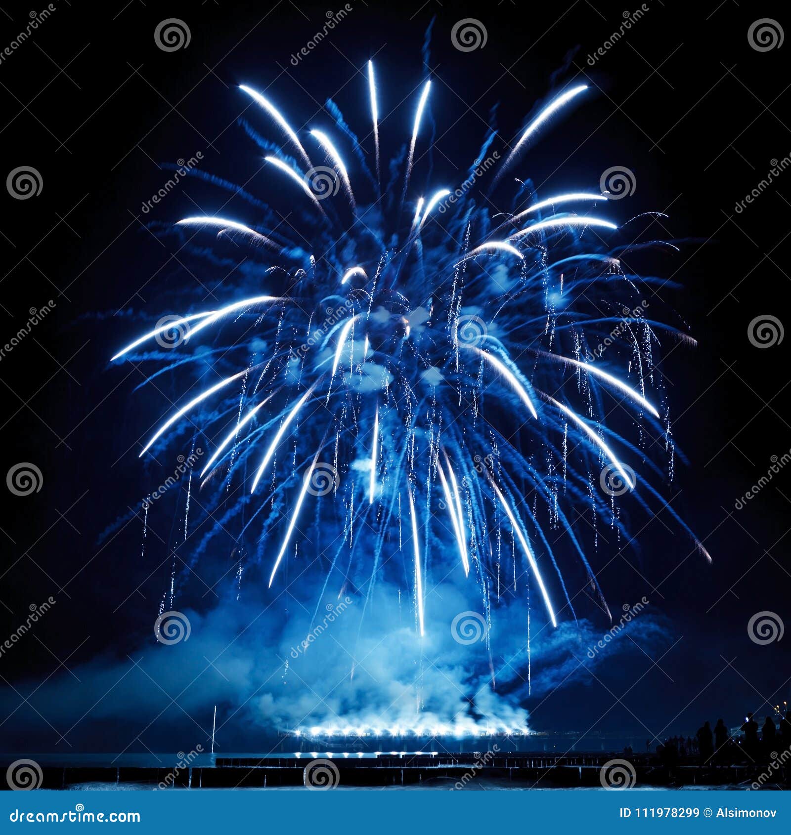 Beautiful Blue Fireworks on the Black Sky Background. Stock Image ...