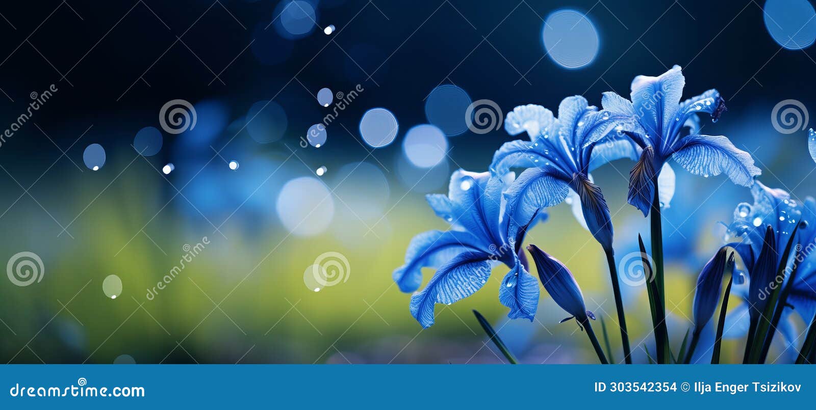 Beautiful Blue Iris Blossom on Isolated Magical Bokeh Background with ...