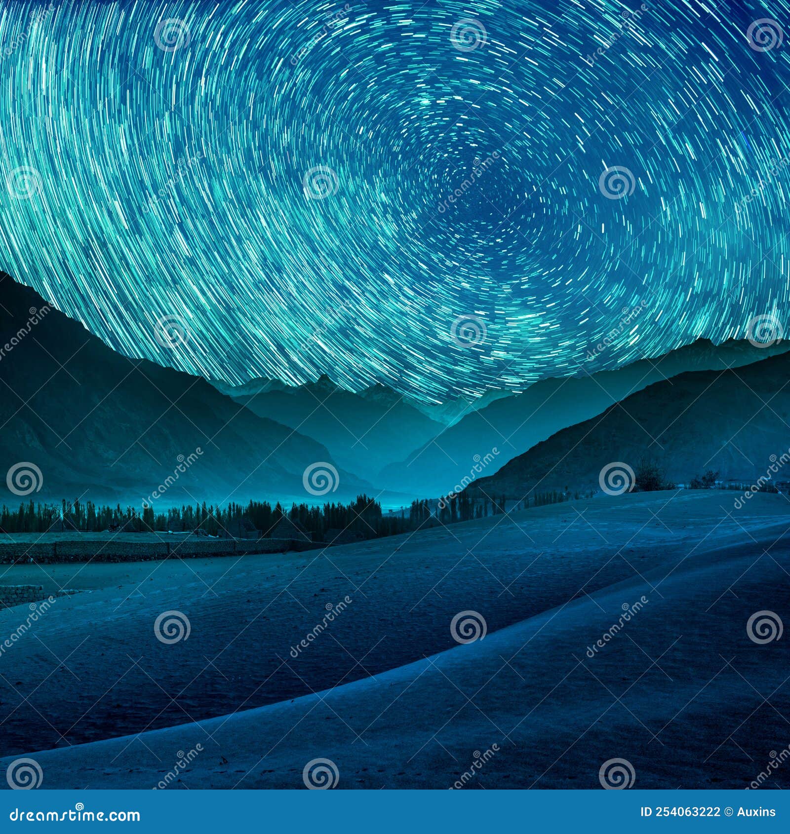 Beautiful Blue Night Desert and Dune on Star Trail Background Stock Photo - Image of galaxy ...